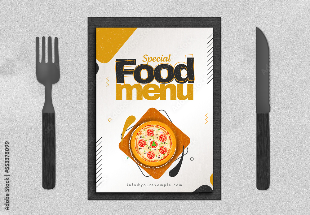 Special food menu card template with top view of pizza with knife, fork ...