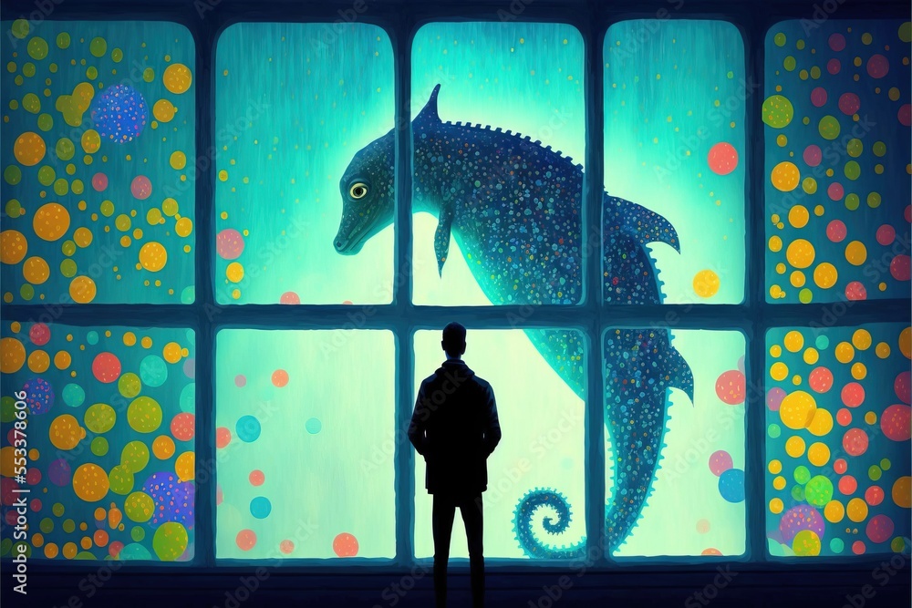 Oceanarium with man standing and observing strange seahorse like ...