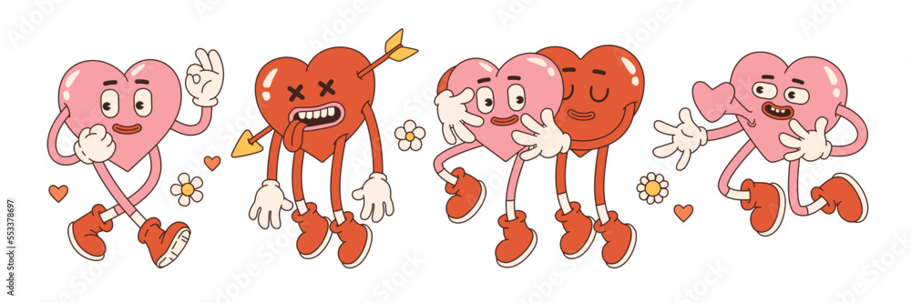 Groovy lovely hearts stickers. Love concept. Happy Valentines day ...