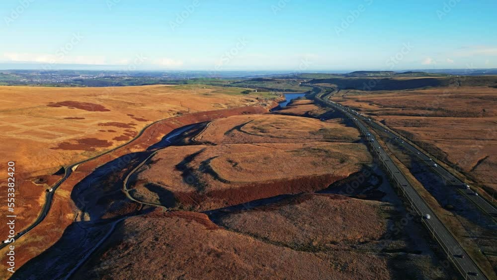 Aerial Drone view of Englands highest motorway the M62 as it travels ...