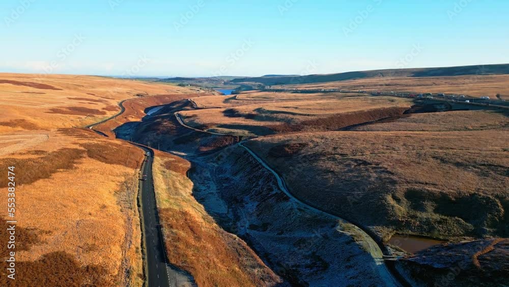 Aerial View of Englands highest motorway the M62 Oldham as it travels ...