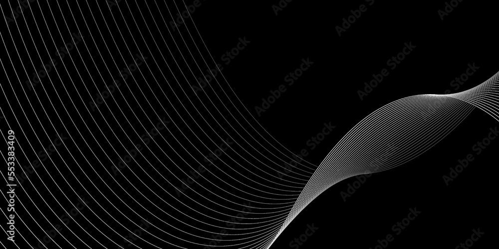 Grey abstract curved wavy lines on black background. Vector futuristic ...