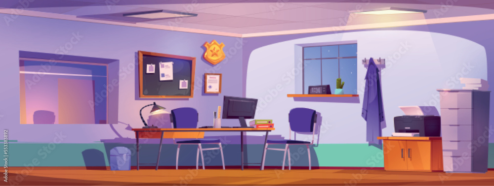 Detective office interior at night time. Police workplace cabinet with ...