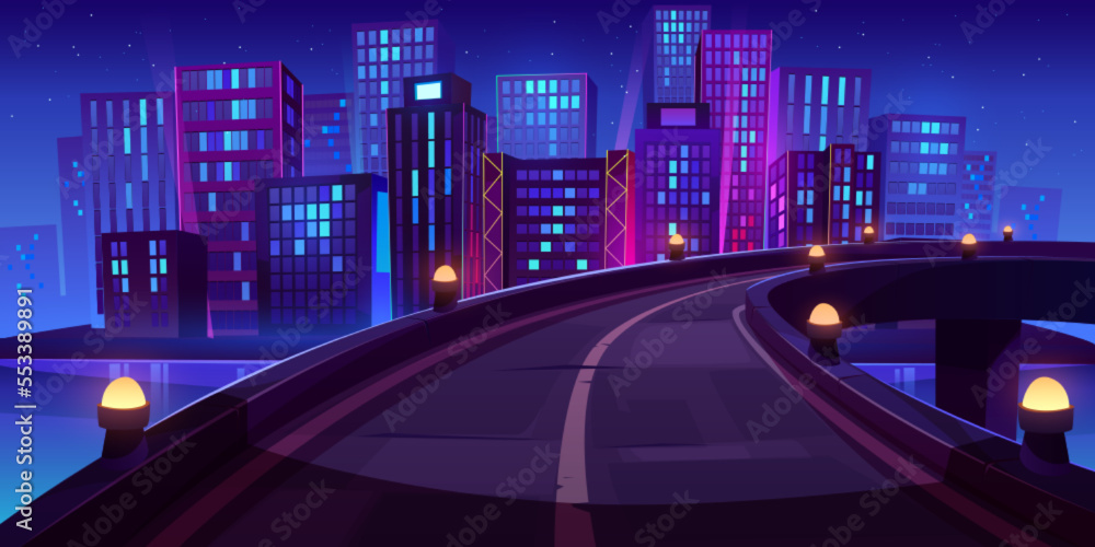 Night city skyline view from bridge, road with glow street lamps ...