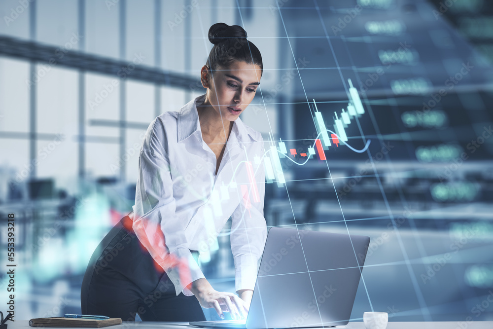 businesswoman leaning on desktop and using laptop with glowing business ...