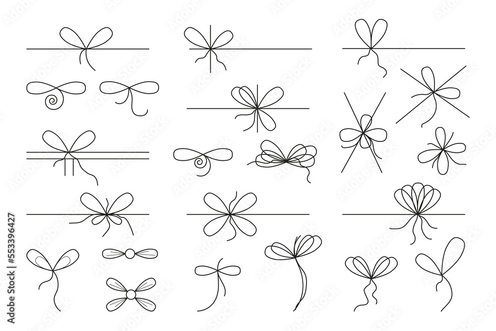 Hand drawn line ribbon bow set. Bows knots types for gift present packaging in sketch doodle ...