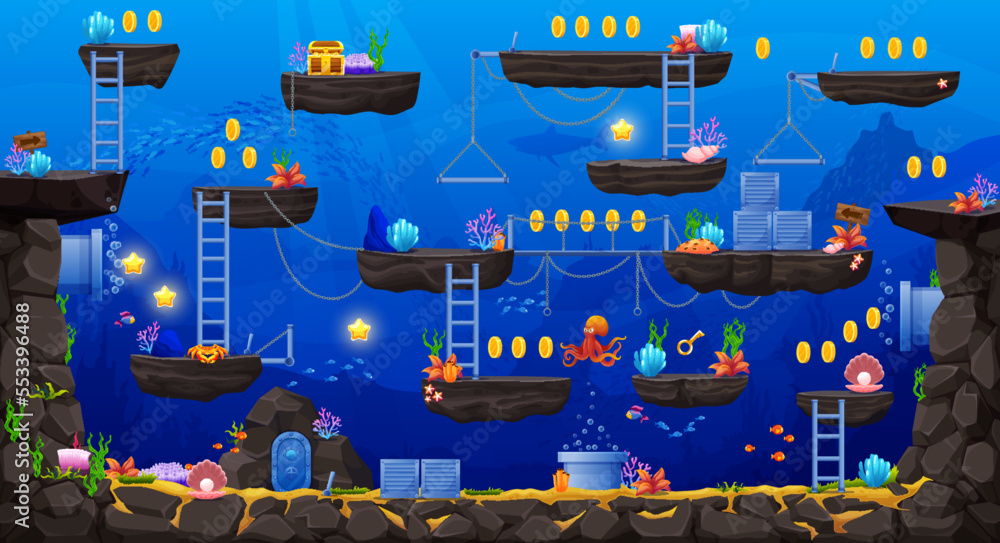 2d Arcade Game Underwater Landscape Level Map Interface Octopus