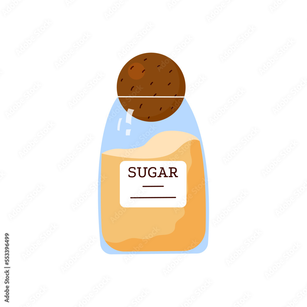 Vetor de Glass sugar storage jar with cork lid. Clear granulated sugar ...