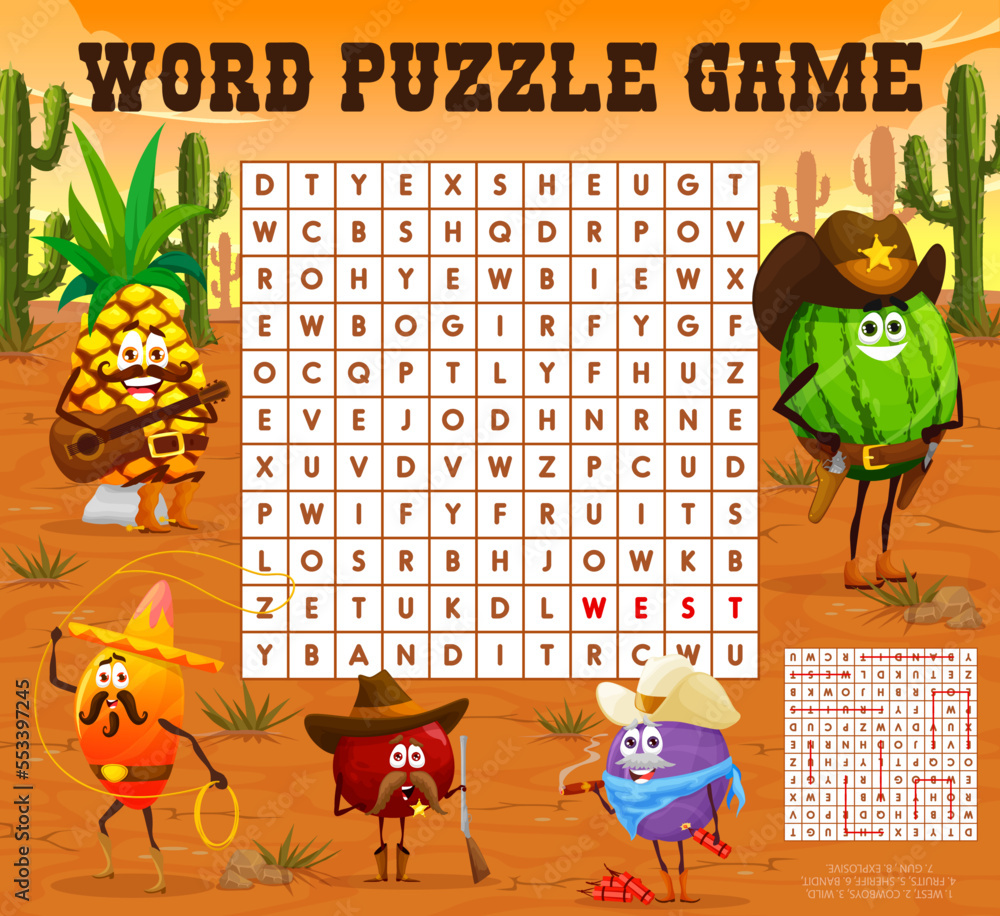 Word search puzzle game, cartoon fruit western cowboy, ranger, sheriff ...