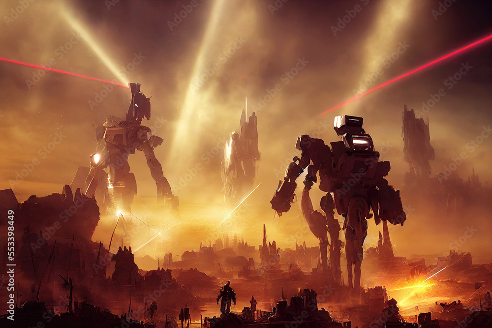 War robots attacking and fighting with laser guns on battlefield ...