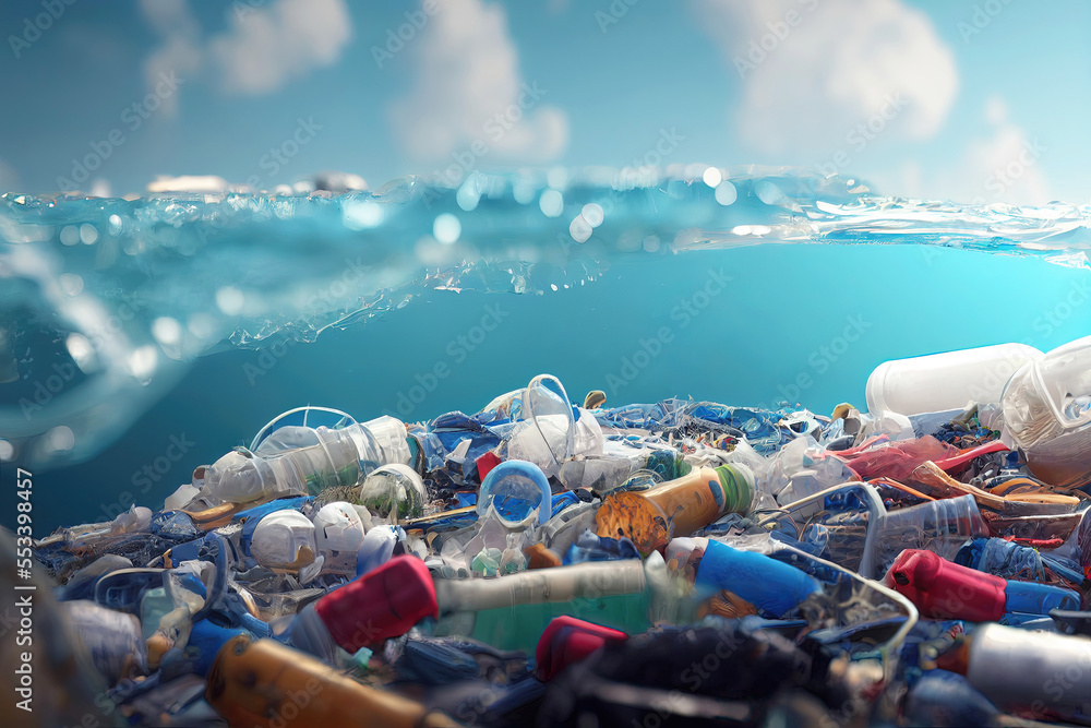 Plastice waste polluting ocean water as environmental pollution concept ...