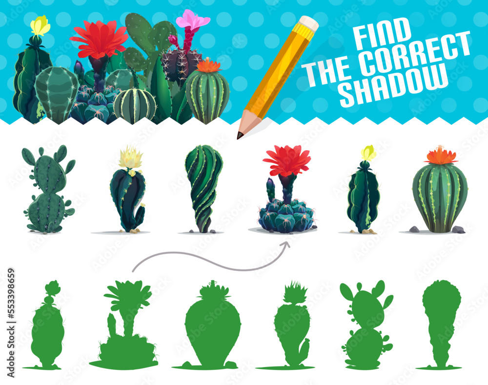 Find a correct shadow of cactus succulent. Maze game worksheet. Kids ...