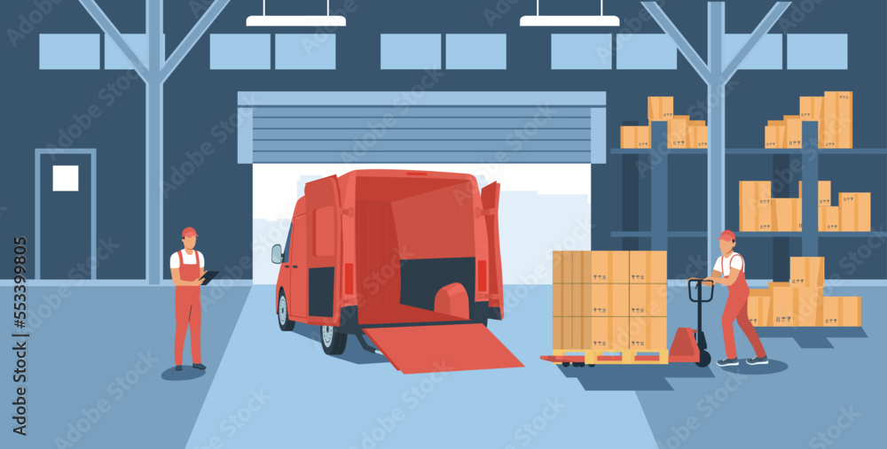 Warehouse staff loading a cargo van using a hand pallet truck. Vector ...