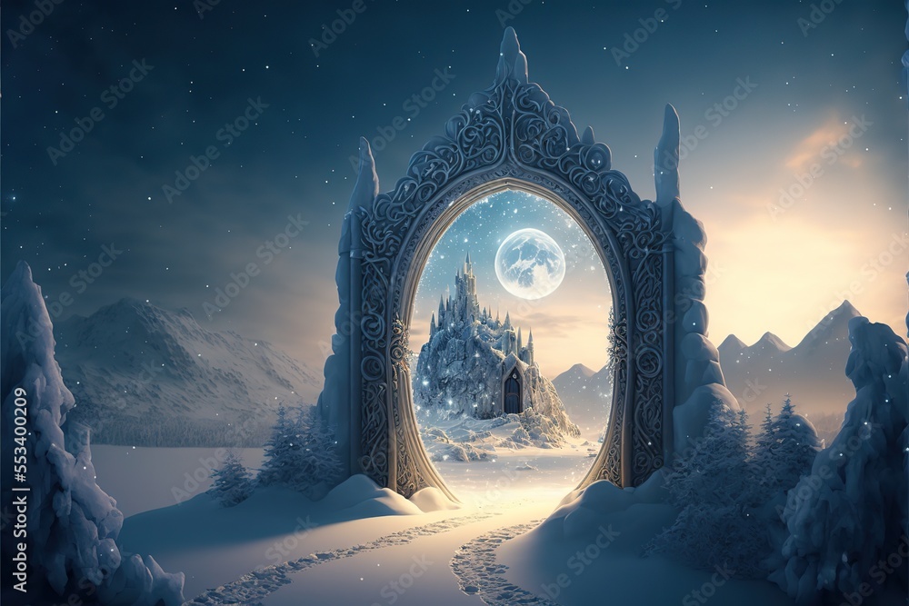 Magical portal on winter landscape, fairy tale background with ice ...