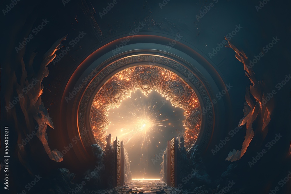 Wooden gate in dim clouds in an empty room. Portal to another world ...