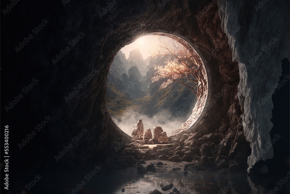 Portal in stone arch with magical symbols in mountain cave. Gate to ...