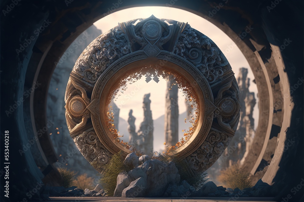 Portal in stone arch with magical symbols in mountain cave. Gate to ...