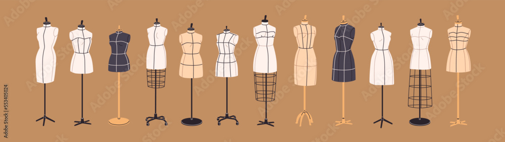 Mannequin, tailors dummies set. Sewing manikin models, women torsos ...