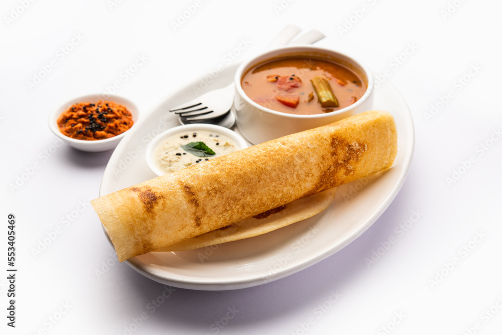 A dosa, also called dosai, dosey, or dosha, is a thin pancake in South ...
