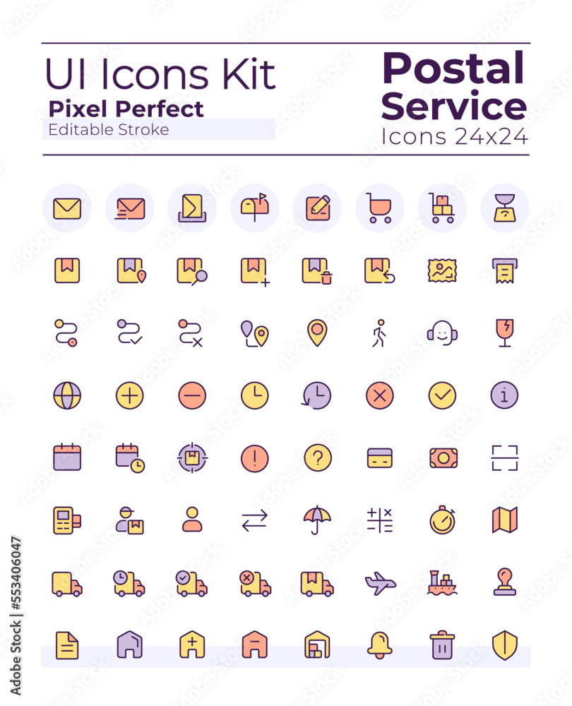 Postal service pixel perfect RGB color ui icons set. Parcel delivery ...