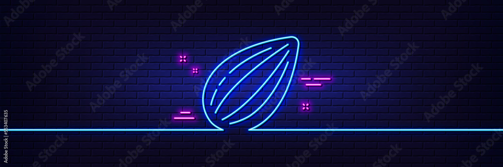 Neon light glow effect. Almond nut line icon. Tasty nuts sign. Vegan ...