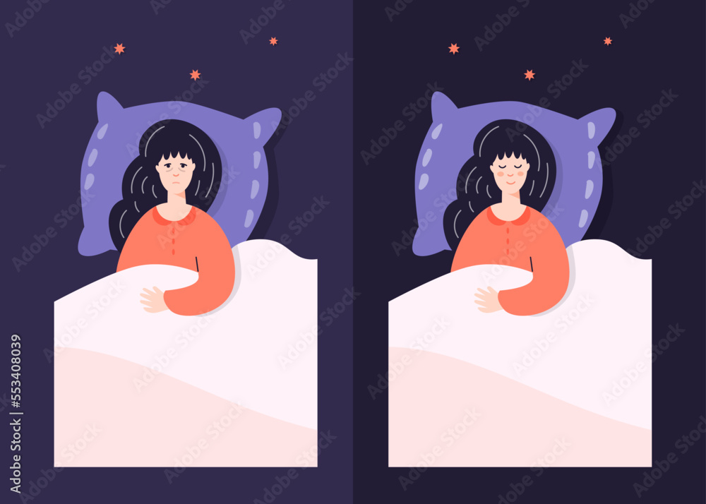 Vector flat illustration with young woman having an insomnia and young ...