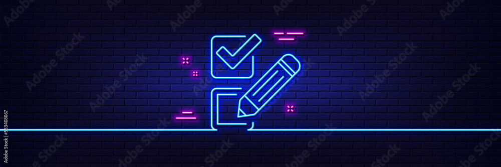 Neon light glow effect. Checkbox line icon. Survey choice sign ...