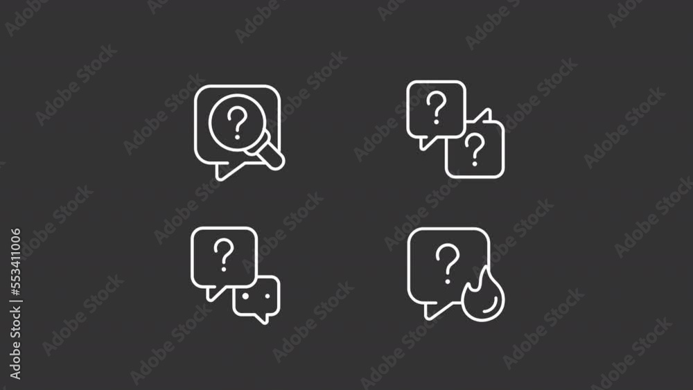 Animated inquiry white line icons. Speech bubbles with question mark. Communication. Seamless ...