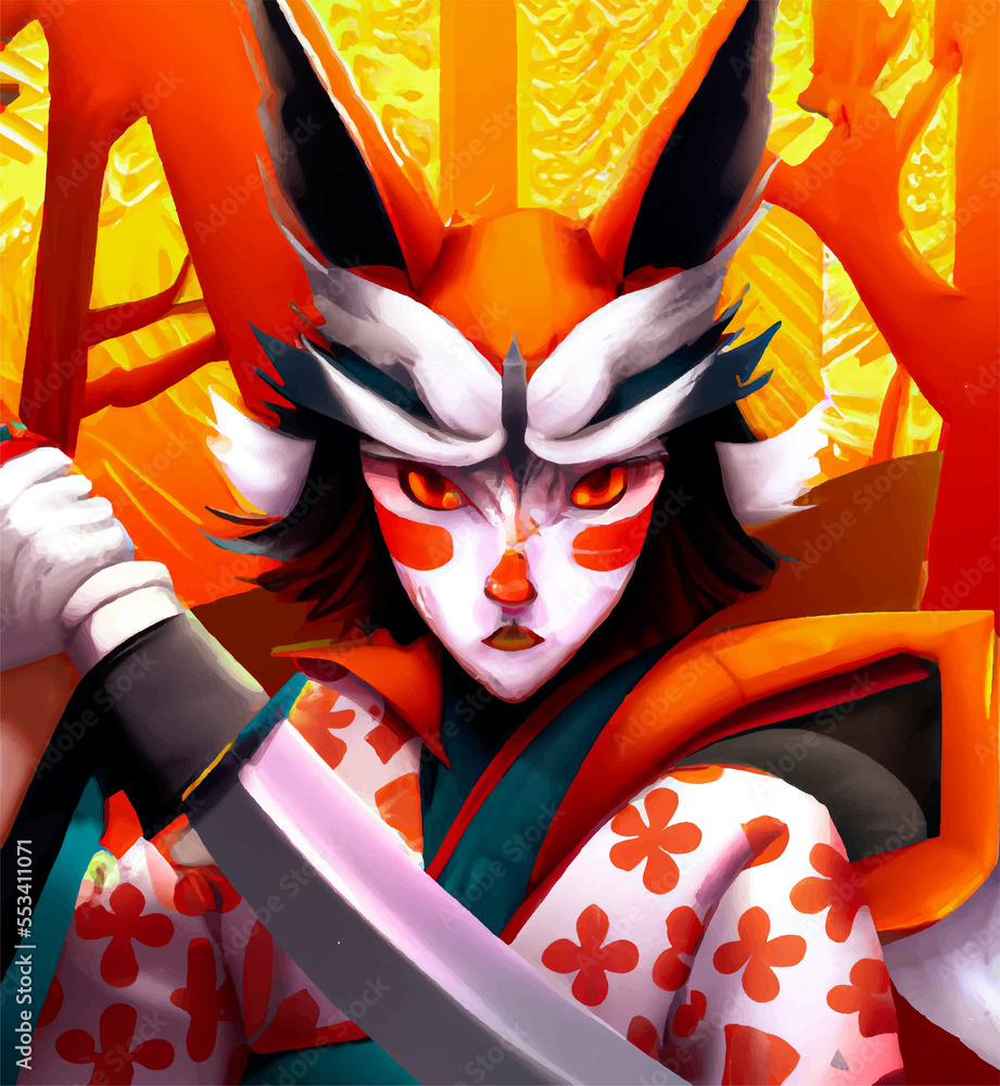Charming and sinister young samurai with her sword at the ready and his ...