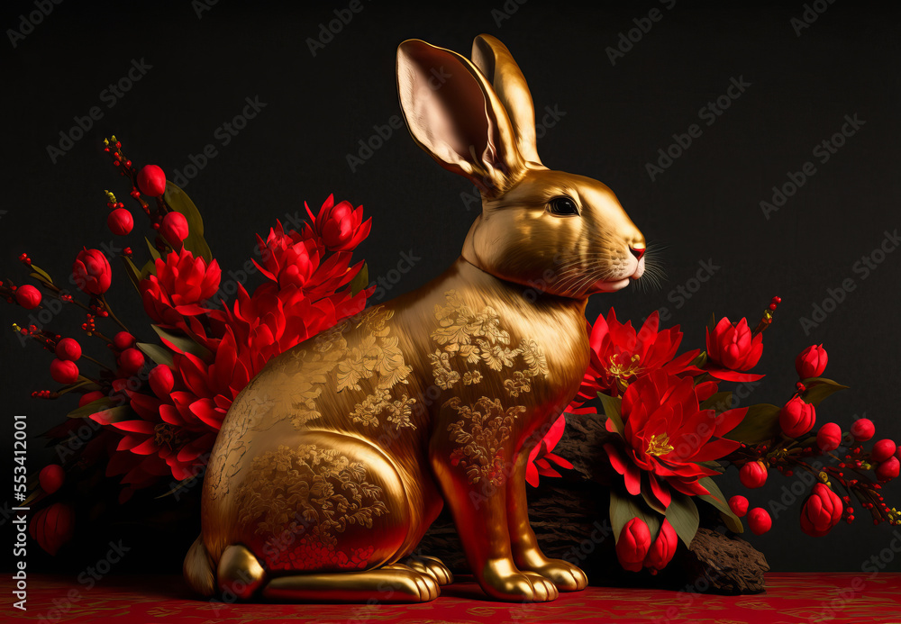 Chinese new year 2023 year of the rabbit. Gold bunny rabbit with red ...
