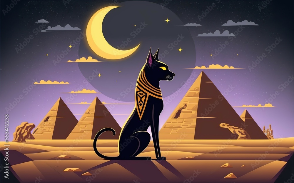 Egyptian cat in desert with ancient pyramids. generative ai Stock ...