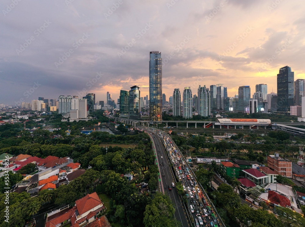 Aerial view of office buildings in Jakarta central business district ...
