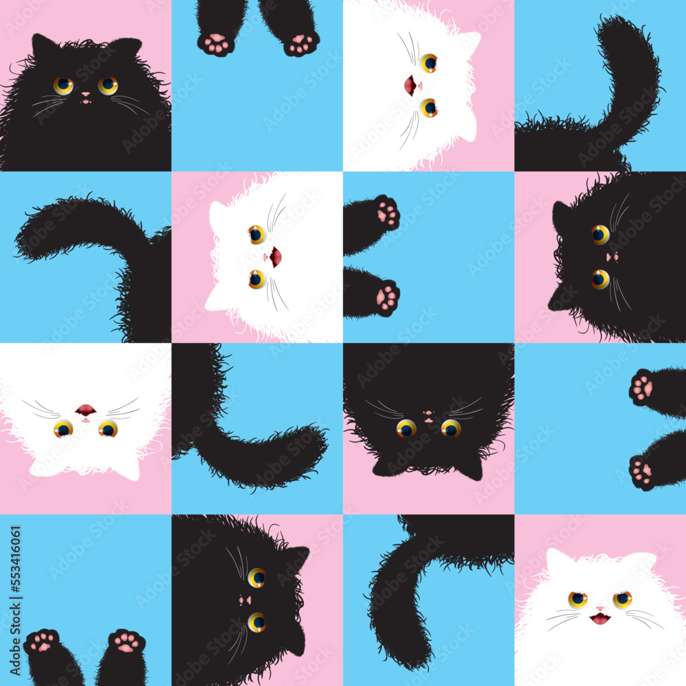 Cute cat seamless continuous pattern. Fluffy black and white cat with ...