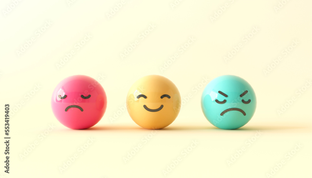 Customer experience. Emoji emoticon 3d set. Happy smile face, sad mood ...
