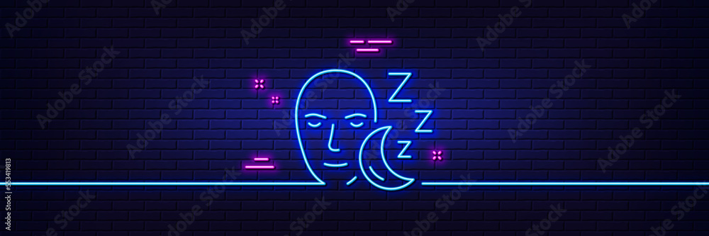 Neon light glow effect. Sleep line icon. Night rest sign. Sleeping face ...