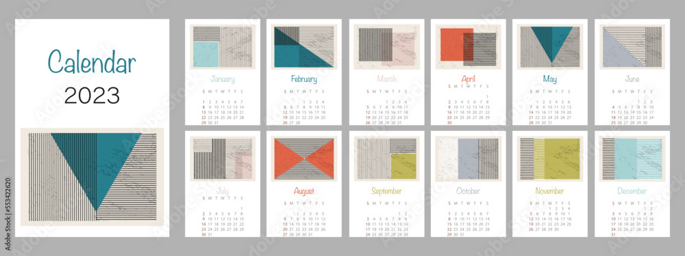 Abstract calendar for 2023. A4 vertical calendar by months, the week ...
