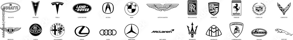 Set of popular logos of cars brands: Lamborghini, Cadillac, Corvette ...