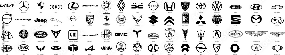 Set of popular logos of cars brands: Lamborghini, Cadillac, Corvette ...