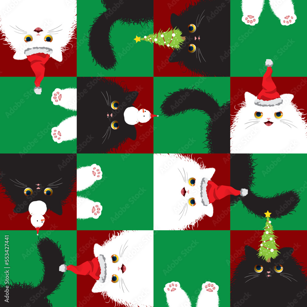 Cute cat seamless continuous pattern. Fluffy black and white cat with ...