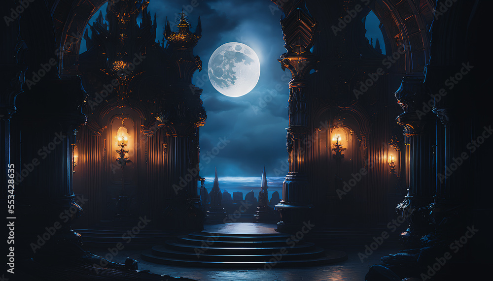 Dark interior castle with white moon in background Stock Illustration ...