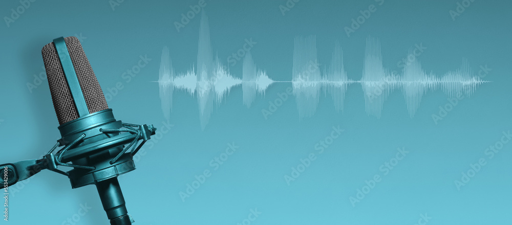 Vocal microphone with audio waveform. Podcast or broadcast radio ...