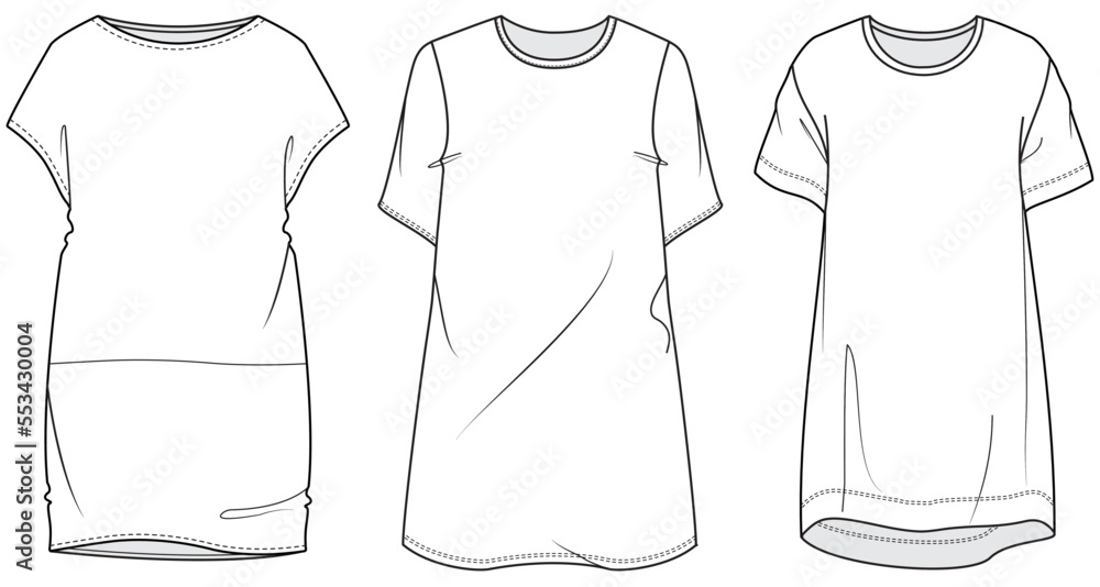 womens short sleeve crew neck t shirt dress flat sketch vector ...