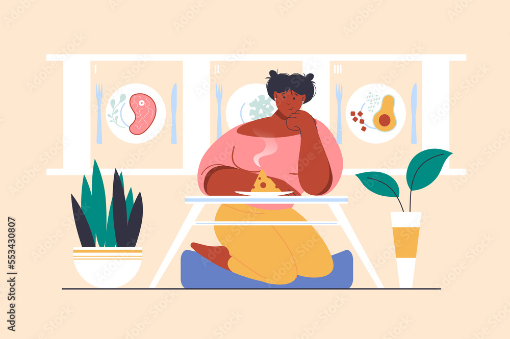 Plan nutrition concept with people scene in flat design. Woman cooking ...