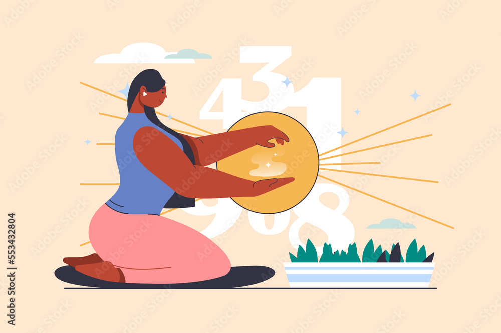 Numerology concept with people scene in flat design. Woman numerologist ...