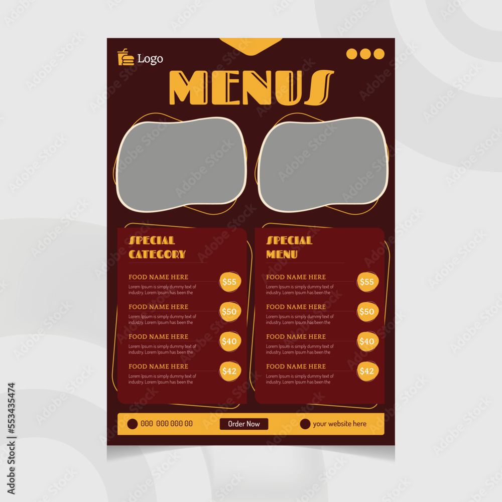 one page Food menu & Restaurant Flyer Brochure Template Design Stock ...