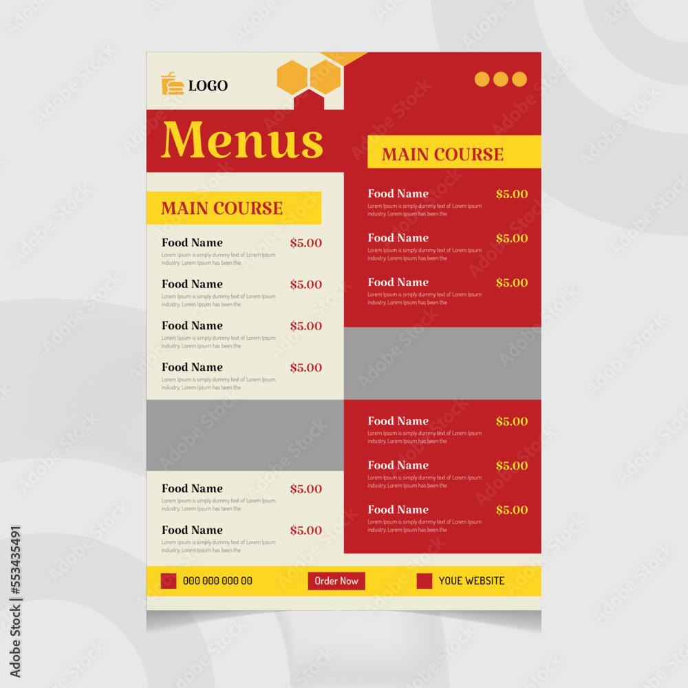 one page Food menu & Restaurant Flyer Brochure Template Design Stock ...