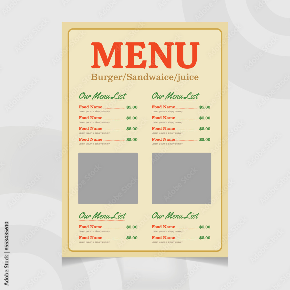 one page Food menu & Restaurant Flyer Brochure Template Design Stock ...