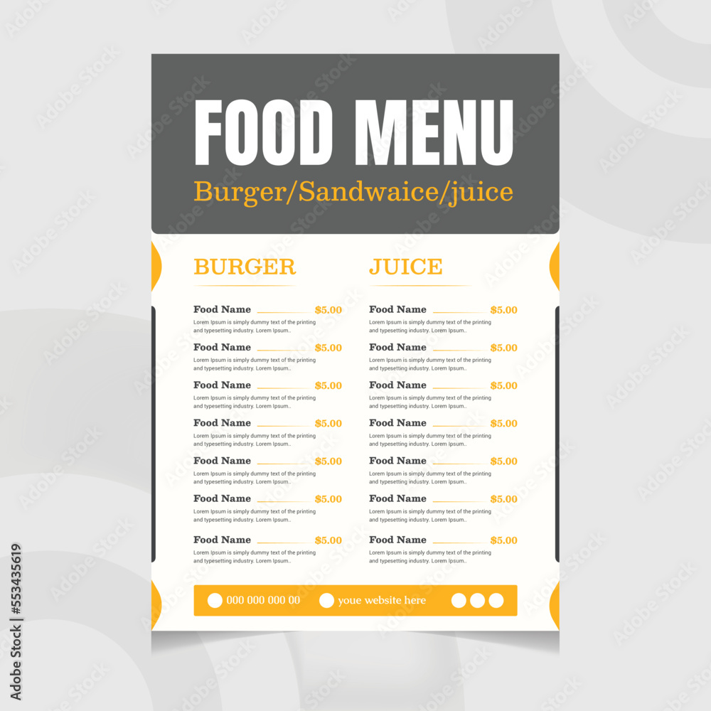 one page Food menu & Restaurant Flyer Brochure Template Design Stock ...