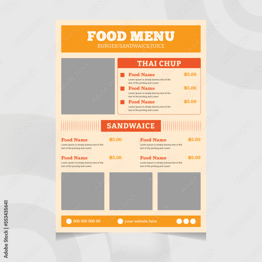 one page Food menu & Restaurant Flyer Brochure Template Design Stock ...