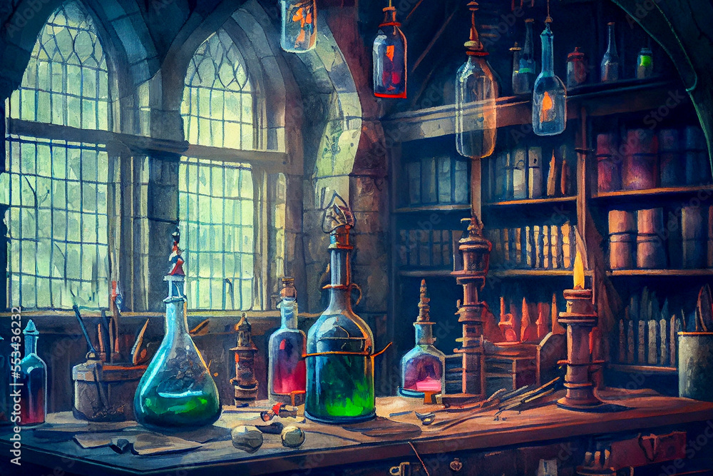 Scientific laboratory. Medieval science laboratory. Fantasy lab with ...